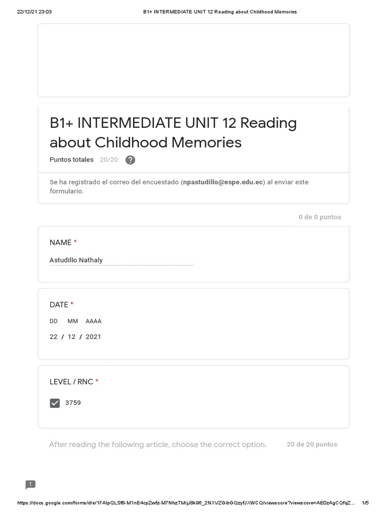 B1+ INTERMEDIATE UNIT 12 Reading About Childhood Memories | PDF