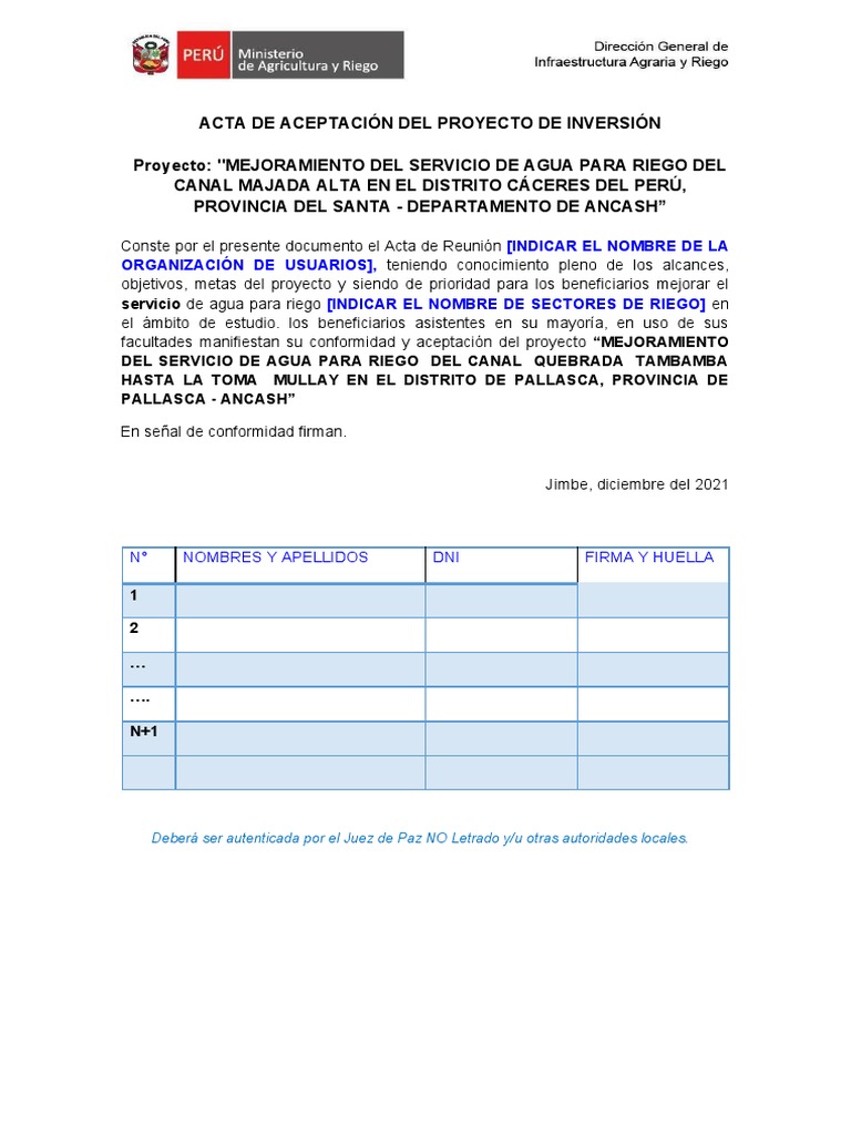 Acta De Aceptación Del Proyecto De Inversion Pdf