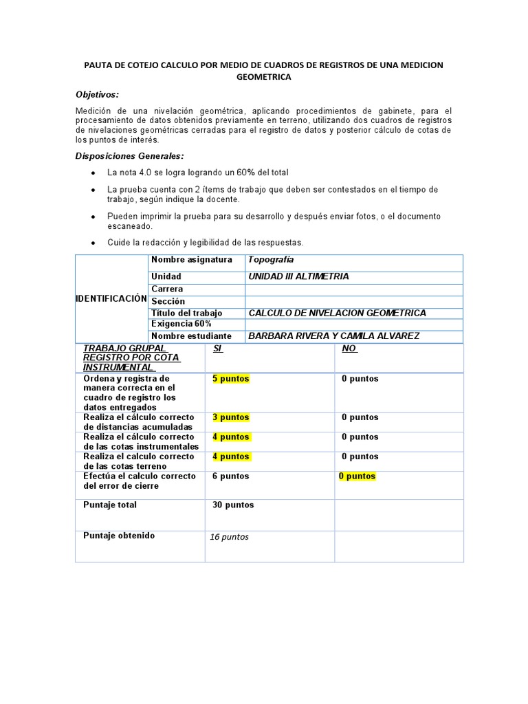 Pauta de Cotejo Calculo Por Medio de Cuadros de Registros de Una ...