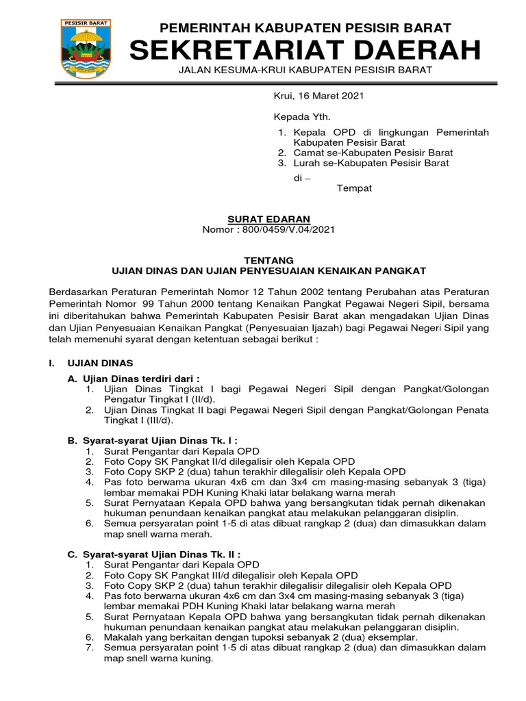 Surat Edaran Ujian Dinas 2021 | PDF