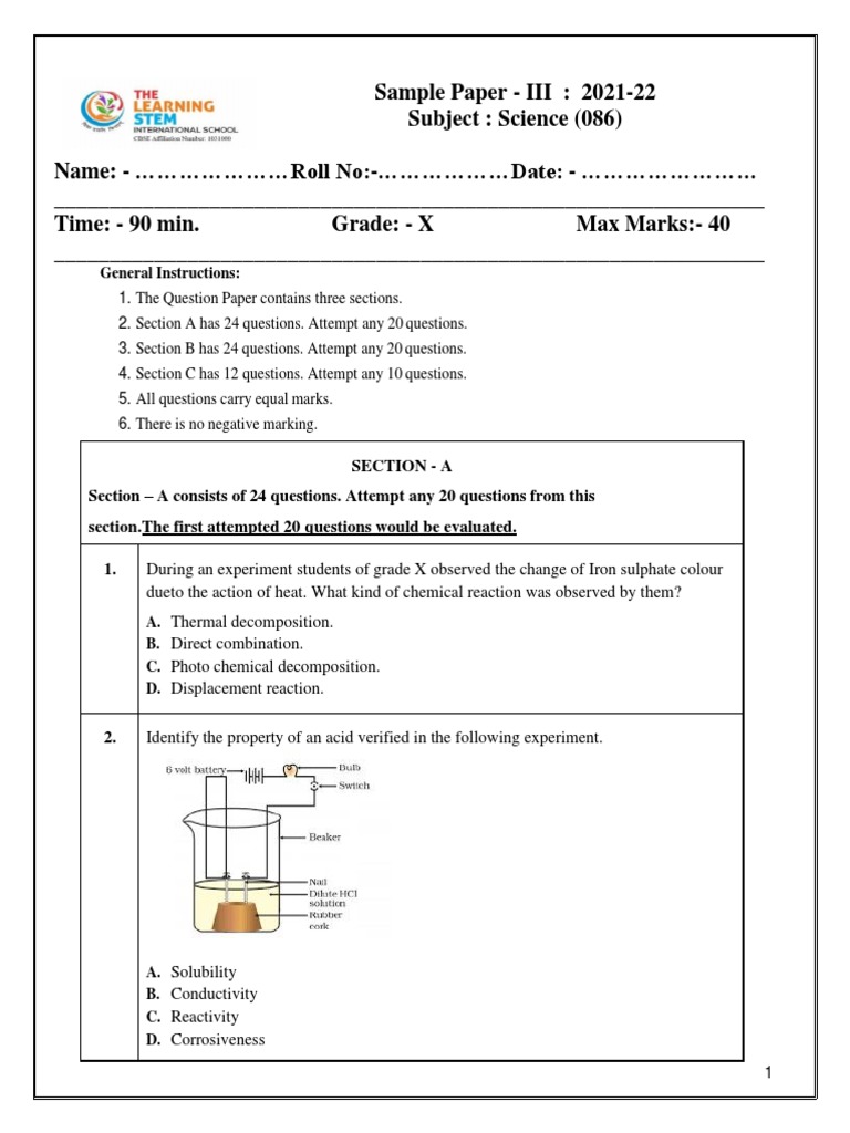 Sample Paper III (Science) - Question Paper | PDF | White Blood Cell | Redox