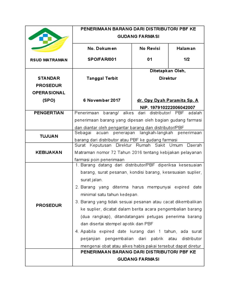 Spo Penerimaan Barang Dari Distributor PBF Ke Gudang Farmasi | PDF