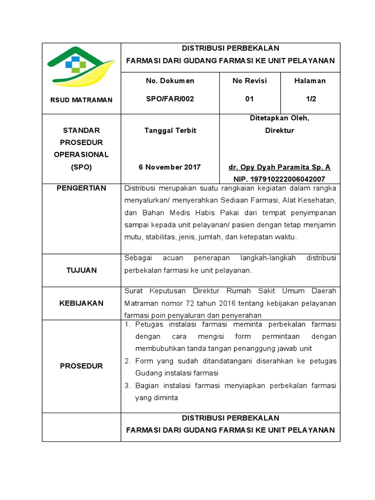 Spo Distribusi Perbekalan Farmasi Dari Gudang Farmasi Ke Unit Pelayanan ...