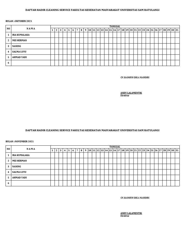 Daftar Hadir Cleaning Service UNSRAT | PDF