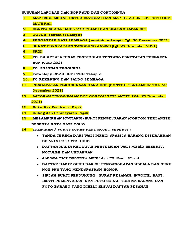 Contoh Pelaporan DAK BOP PAUD 2021 Tahap 2 | PDF