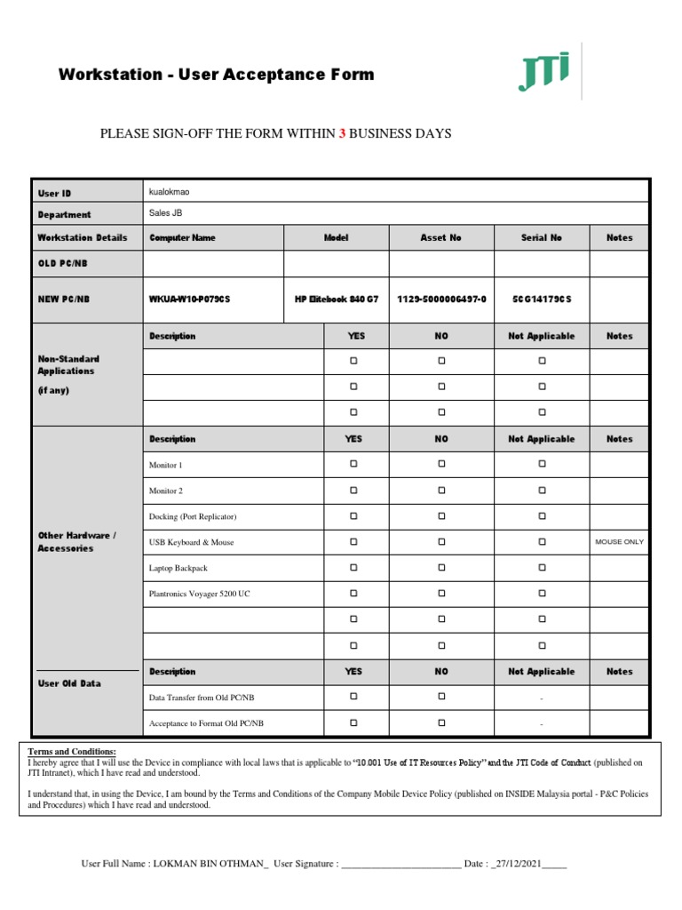 NEW IT Acknowledgement Form - Workstation - User Acceptance Form V2.0 ...
