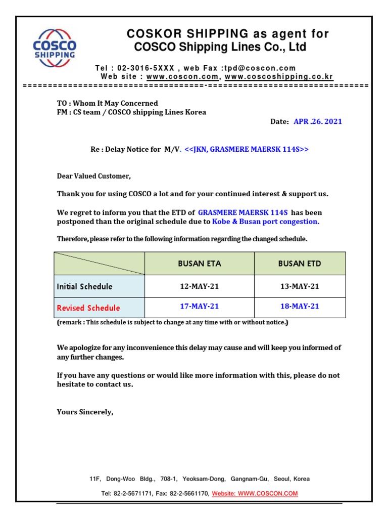 COSKOR SHIPPING As Agent For COSCO Shipping Lines Co., LTD: Revised ...