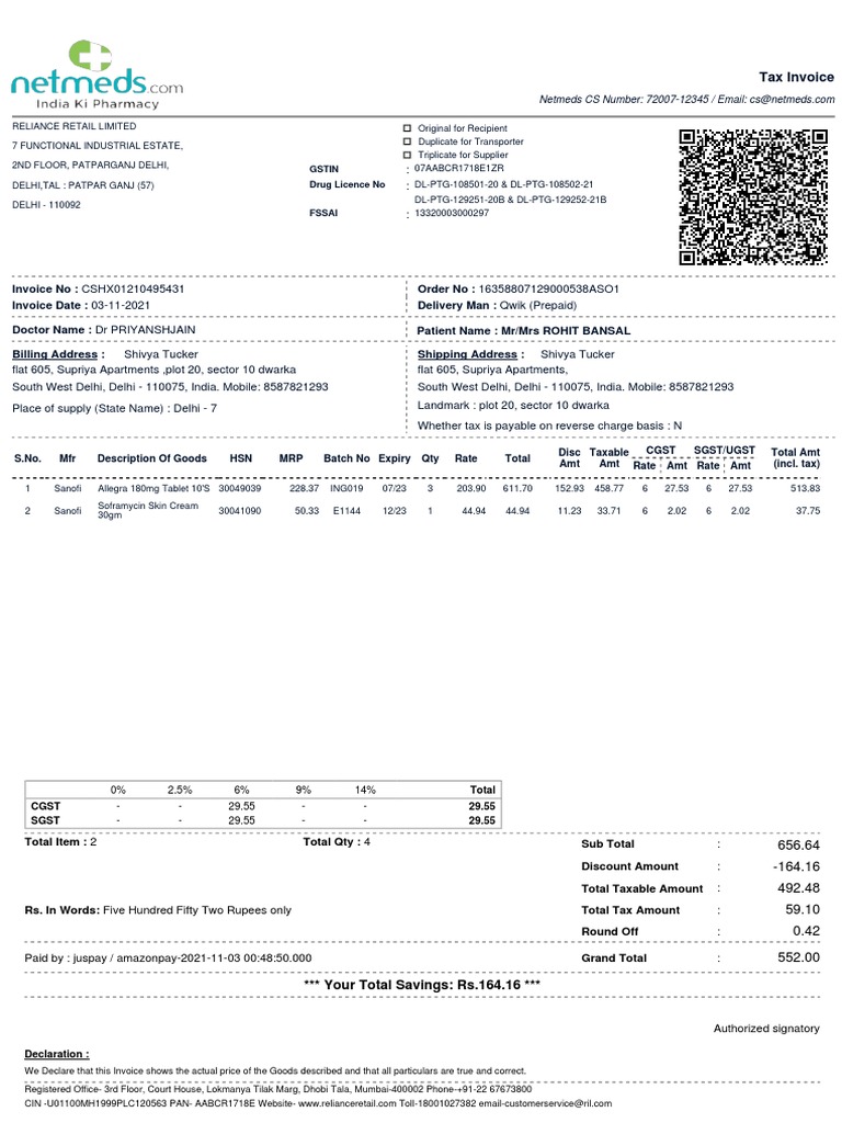 Tax Invoice: Gstin Drug Licence No | PDF | Taxation | Public Finance