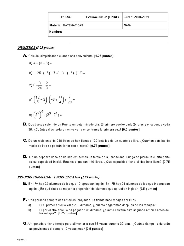 Examen Global 1 Eso - Matematicas | PDF | Matemáticas