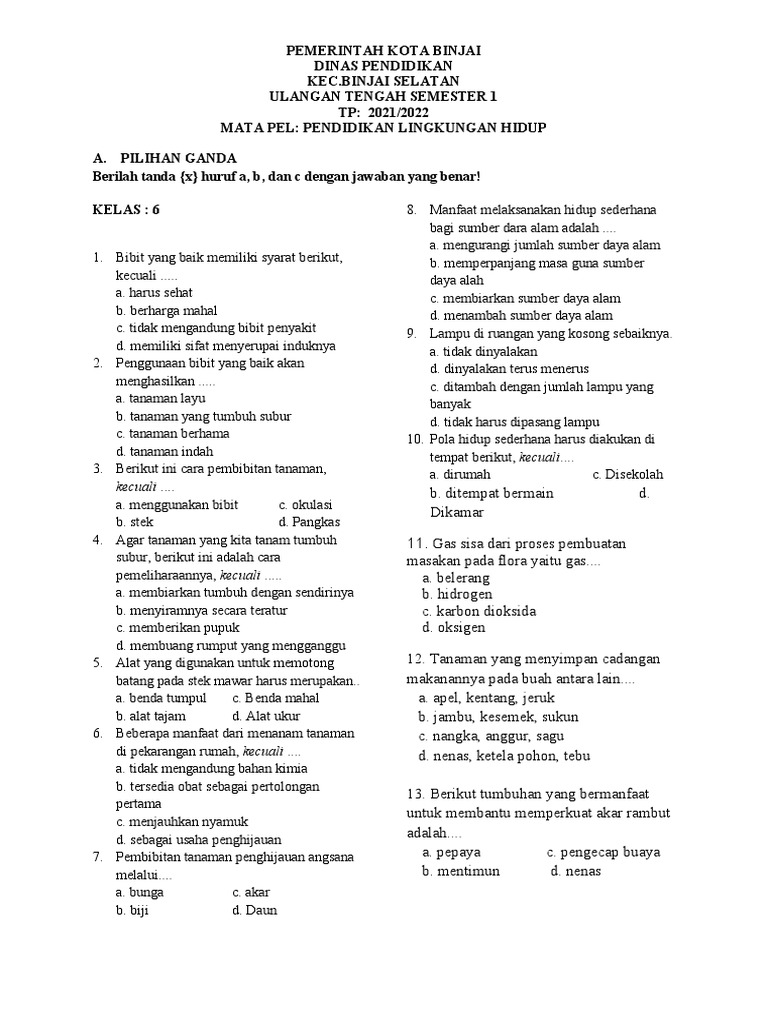 Soal UTS Kelas 6: Pendidikan Lingkungan Hidup | PDF