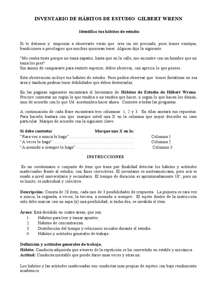 Inventario de Habitos de Estudio de Gilbert Wrenn | PDF | Prueba ...