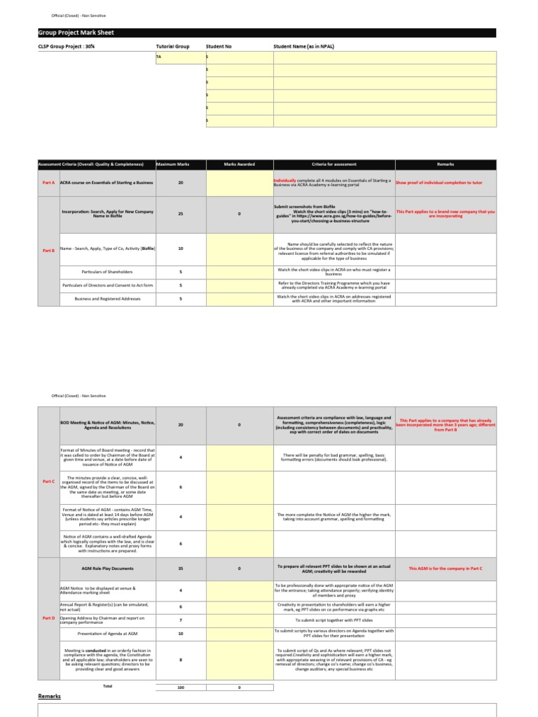 Group Project Mark Sheet: CLSP Group Project: 30% Tutorial Group ...