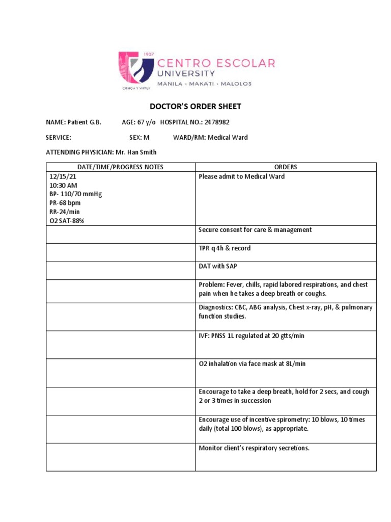 (Patient 3) Doctors Order Sheet | PDF | Pulmonology | Health Care