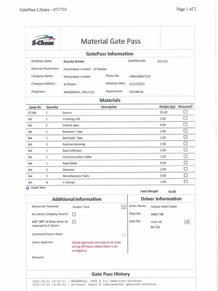 Material Gate Pass (Dec. 21,2021) | PDF