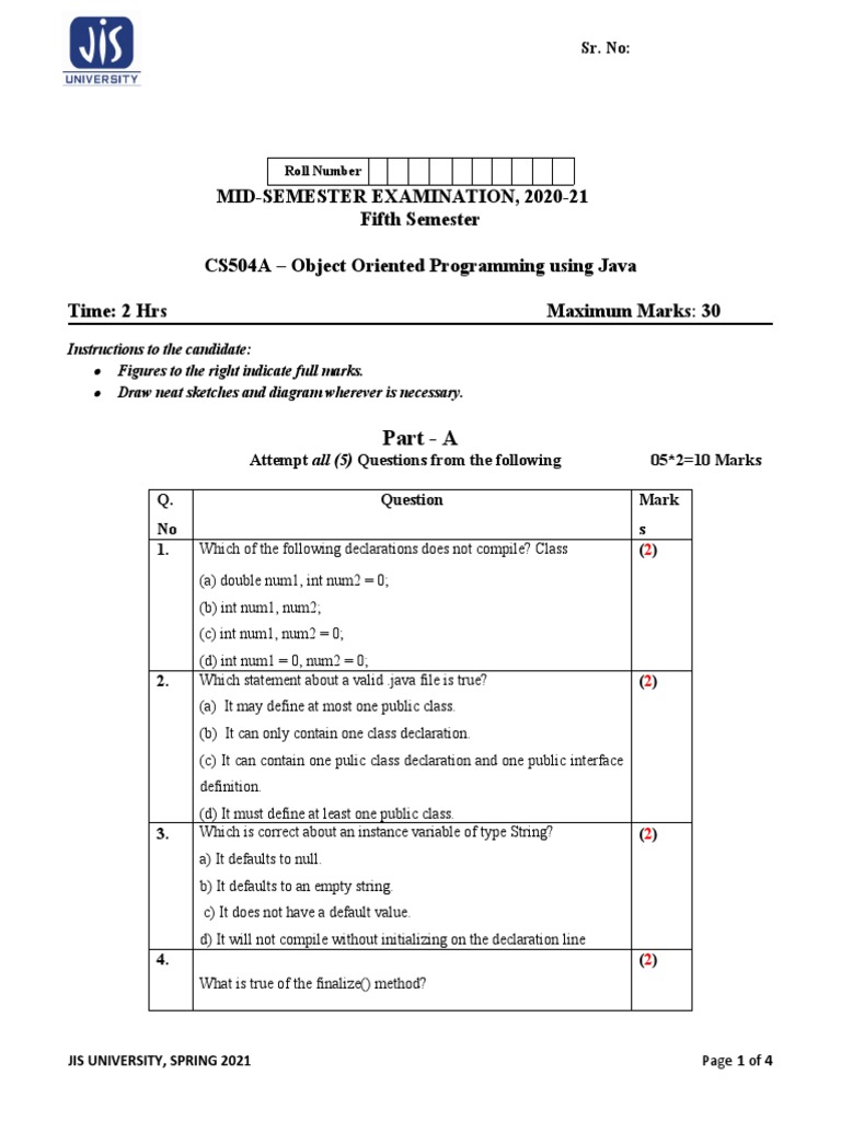 CS504A - Object Oriented Programming Using Java - MidTermQuestions - For Stud | PDF | Class ...