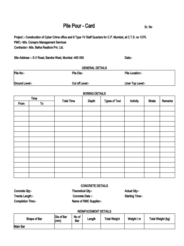 Concrete Pour Card for Pile Construction | PDF