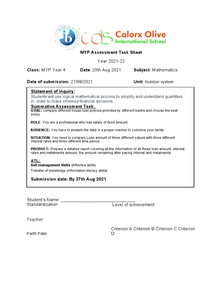 MYP Assessment Task Sheet: Year 2021-22 | PDF | Plagiarism | Mathematics