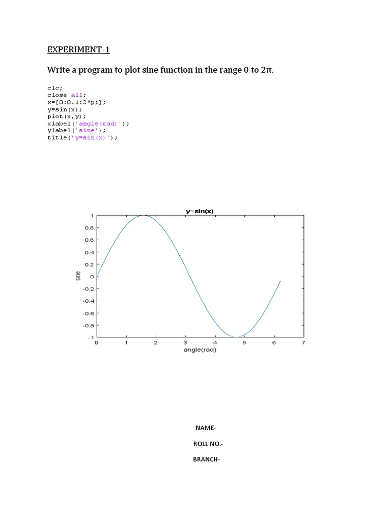 Experiment-1 Write a program to plot sine function in the range 0 to 2π | PDF