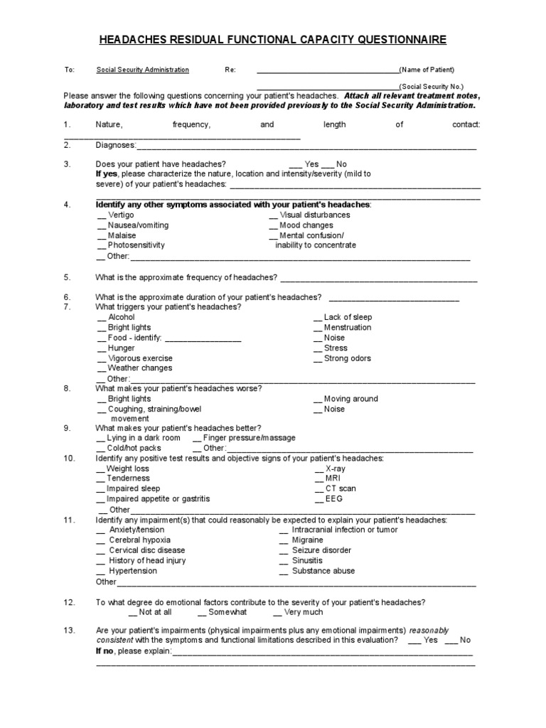 Headaches Residual Functional Capacity Questionnaire | PDF | Headache ...