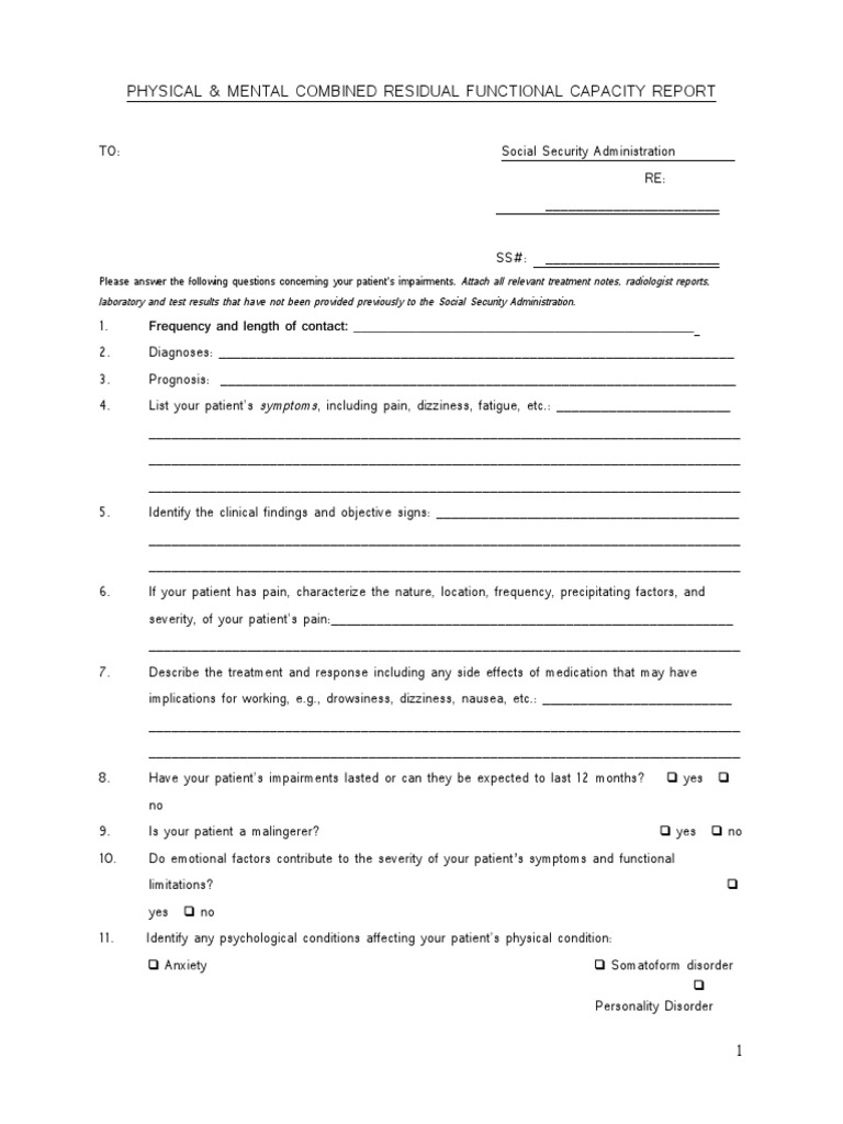 SSA Disability Assessment Form | PDF | Mental Disorder | Diagnostic And ...