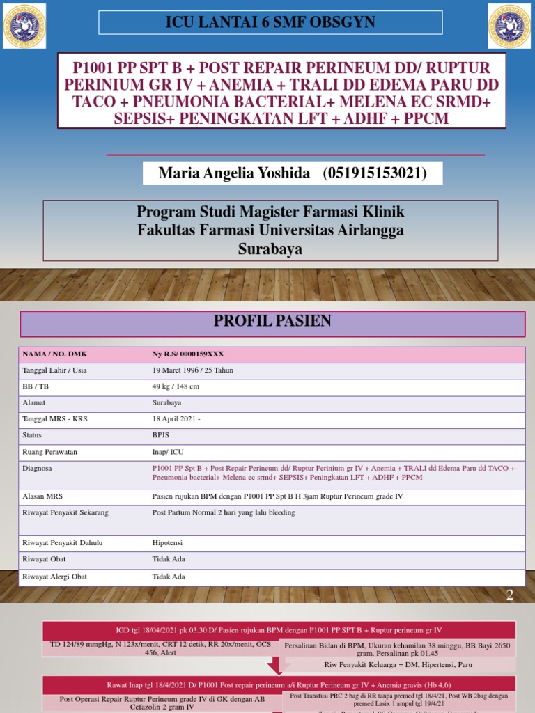 Laporan kasus ICU Obsgyn- P1001 PP Spt B + Post Repair Perineum Dd Ruptur Perinium Gr IV ...
