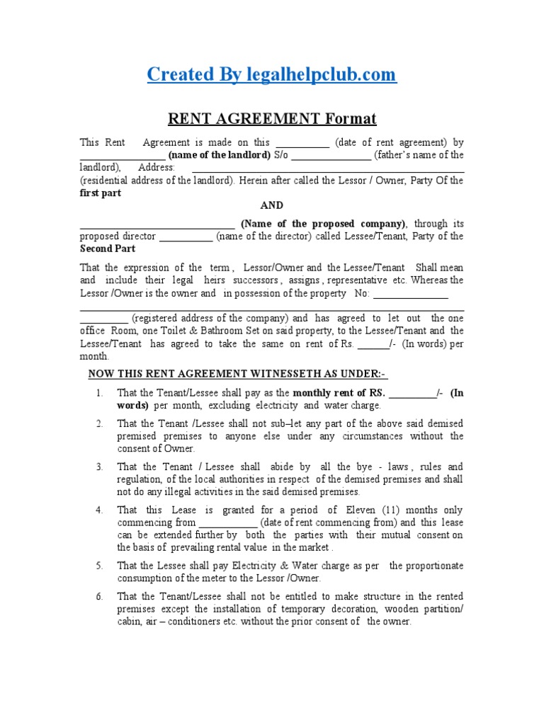 Rent Agreement Format | PDF | Lease | Leasehold Estate