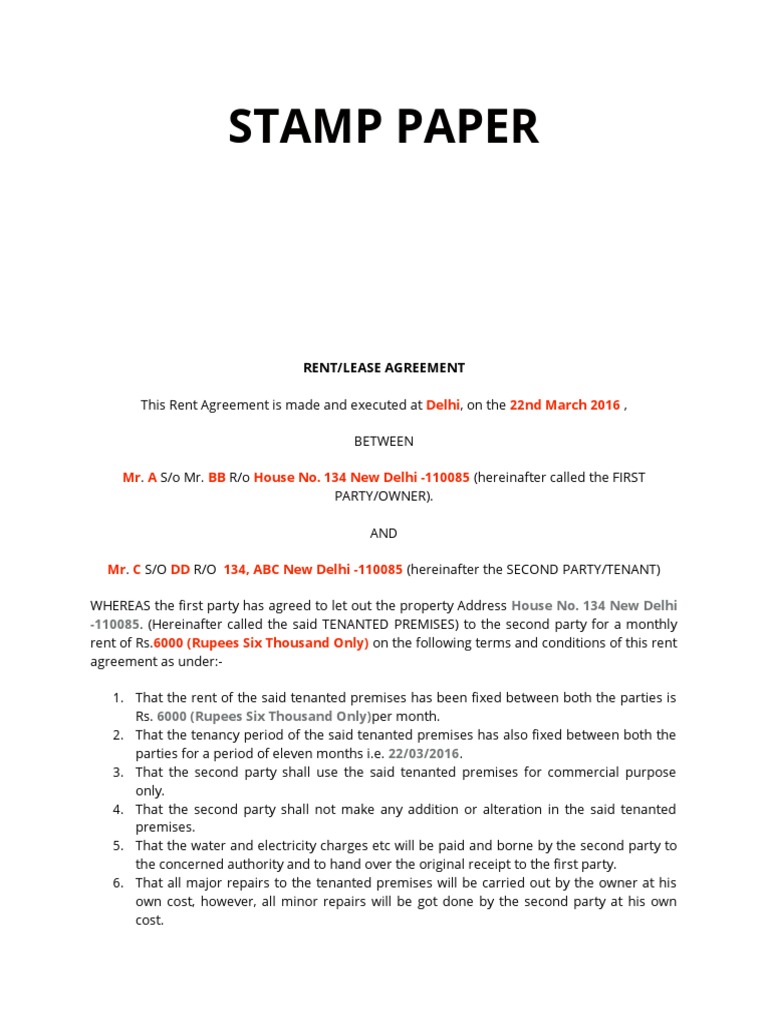 Stamp Paper: Delhi 22nd March 2016 | PDF | Leasehold Estate | Lease