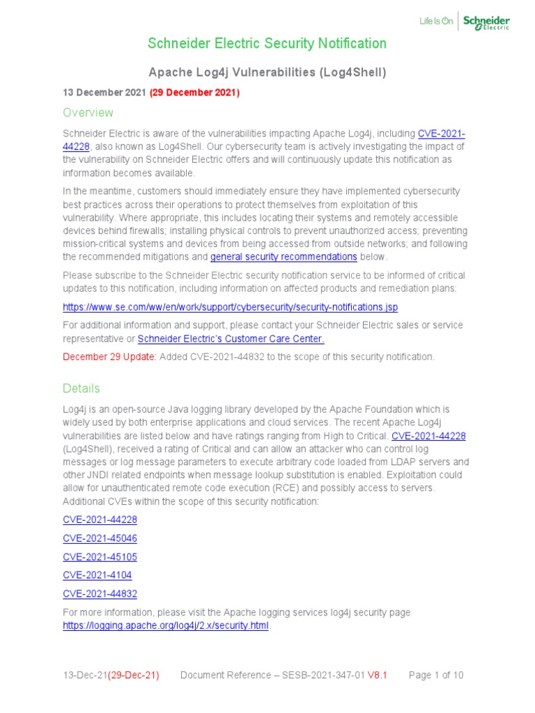 Schneider Electric Security Notification: Apache Log4j Vulnerabilities (Log4Shell) | PDF ...