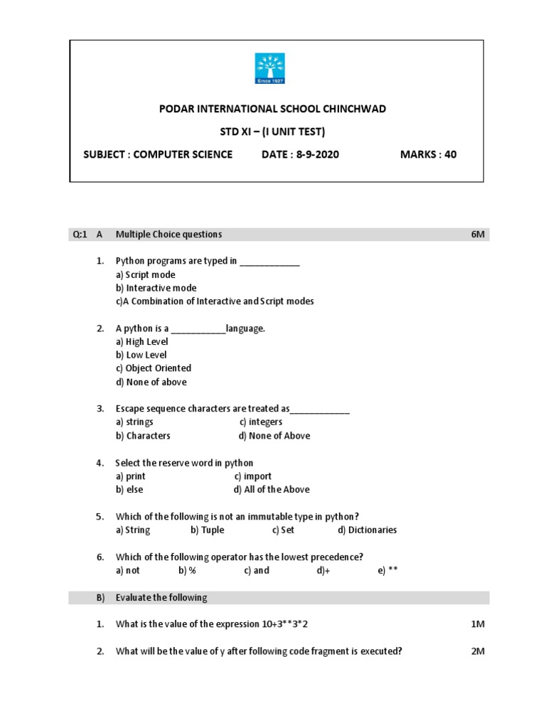 Podar International School Chinchwad STD Xi - (I Unit Test) Subject ...