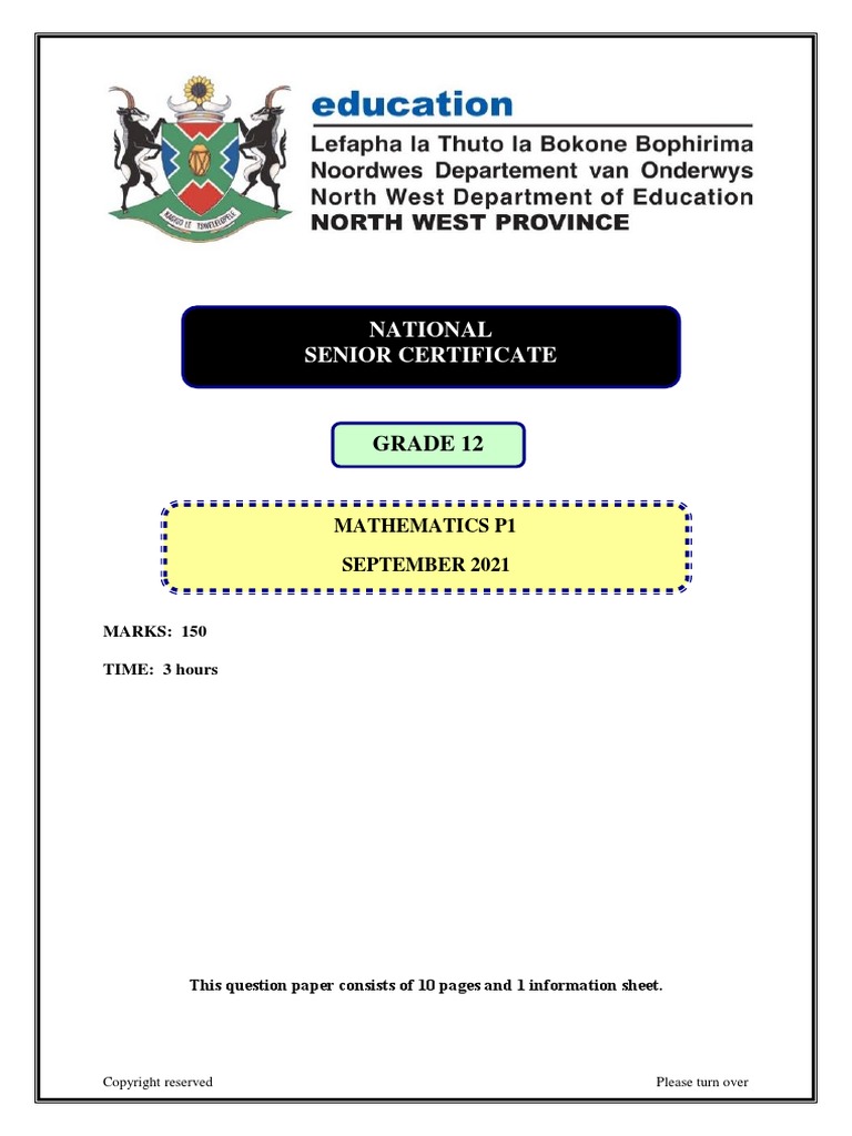 NW NSC GR 12 Mathematics p1 Eng Sept 2021 PDF | PDF | Cartesian ...