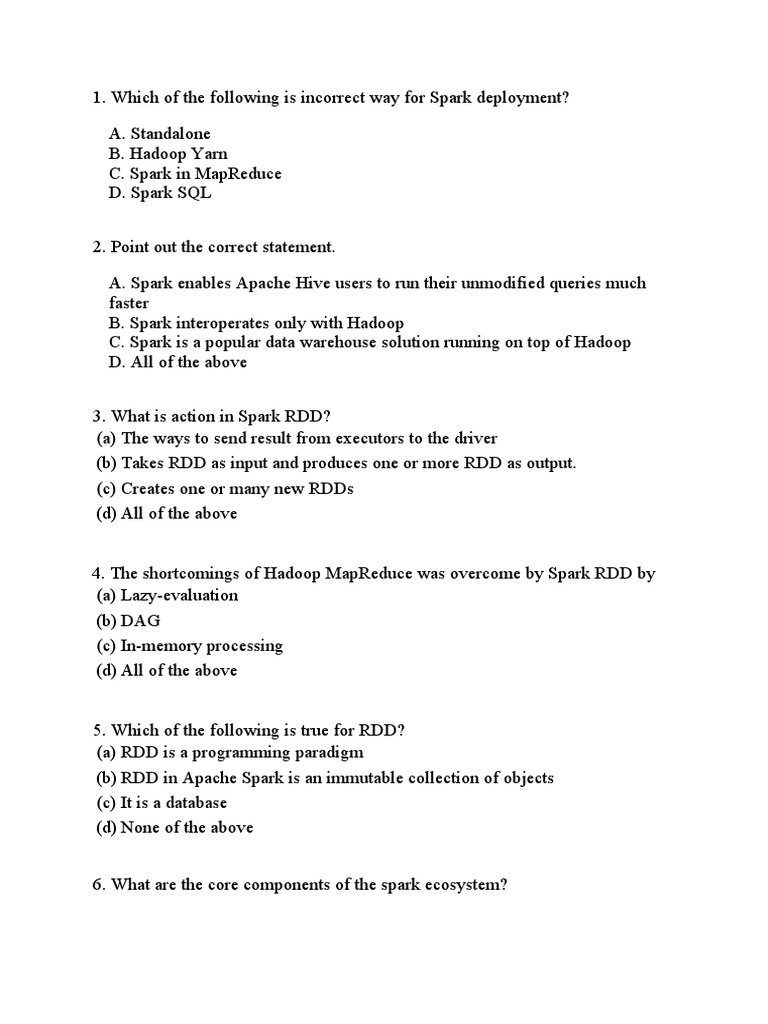 Spark Interview Questions & Answers - RDD, Transformations, Actions | PDF | Apache Spark ...
