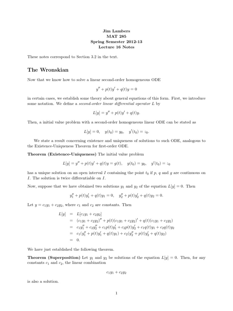 The Wronskian | PDF | Ordinary Differential Equation | Differential ...