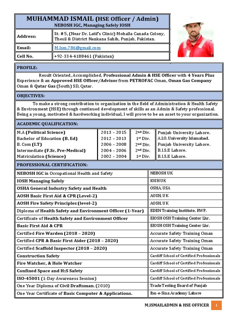 HSE Officer Profile: Muhammad Ismail | PDF | Occupational Safety And Health