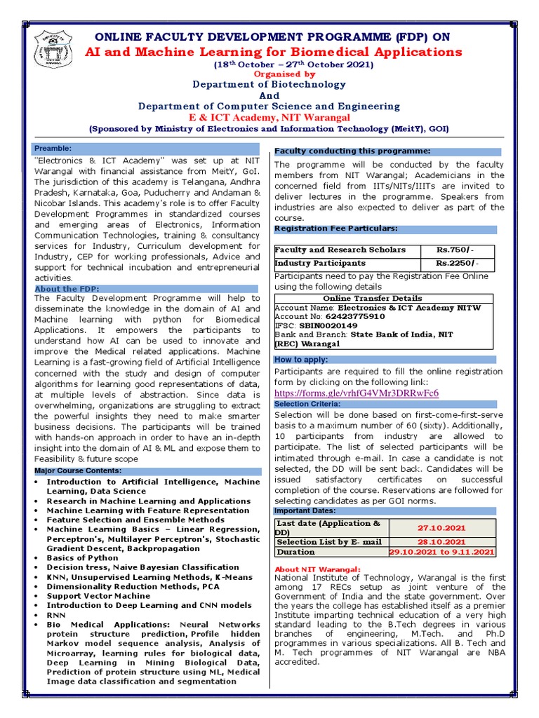 AI and Machine Learning For Biomedical Applications: Online Faculty Development Programme (FDP ...