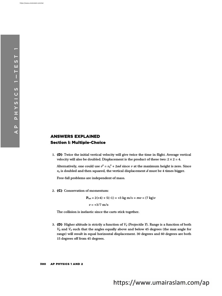 AP Physics 1 Practice Exam Answers | PDF | Force | Mass