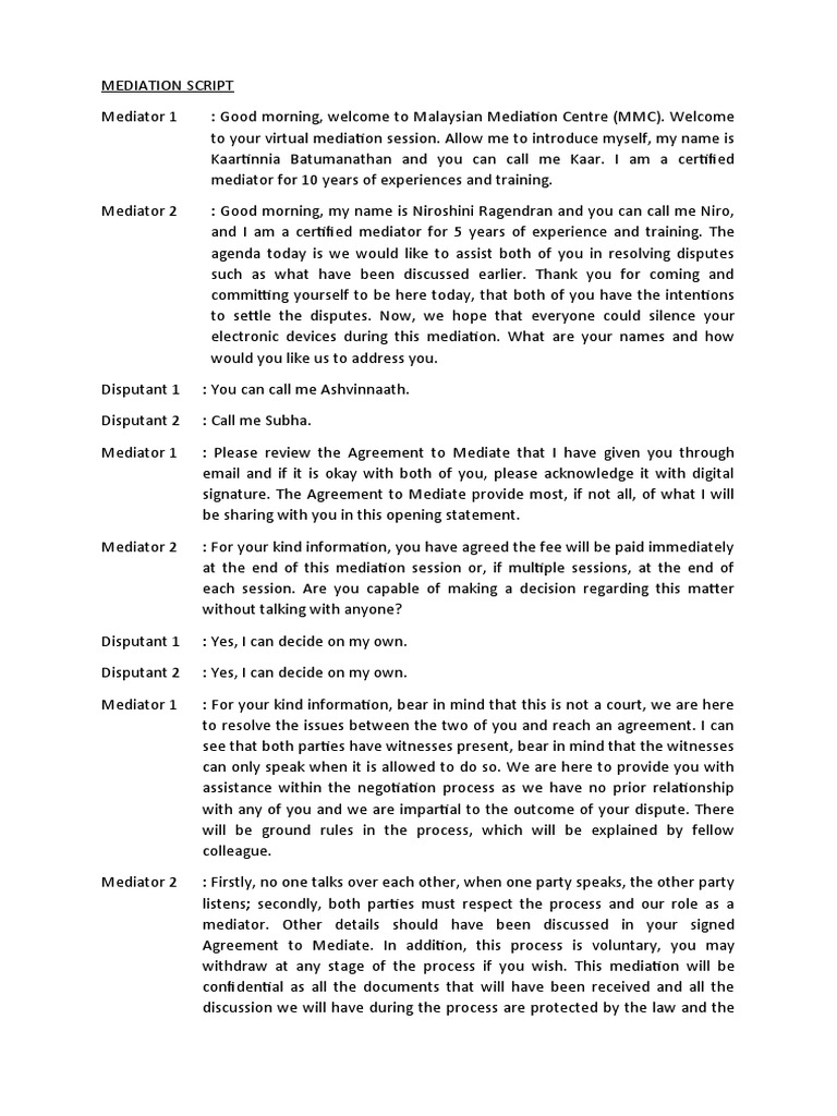 Mediation Script | PDF | Mediation