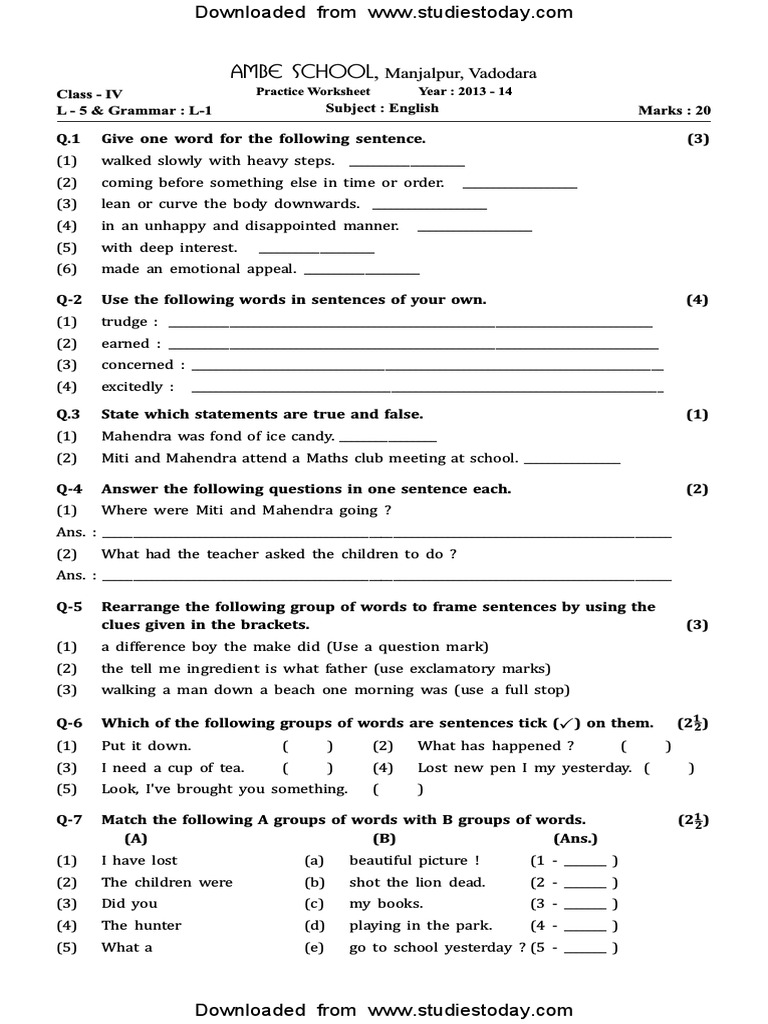 CBSE Class 4 English Revision Worksheet (34) - Grammer | PDF | Language ...