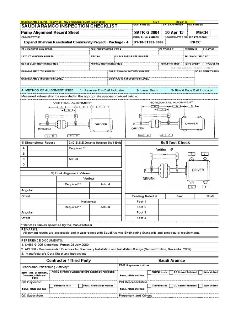 Saudi Aramco Inspection Checklist: Pump Alignment Record Sheet SATR-G ...