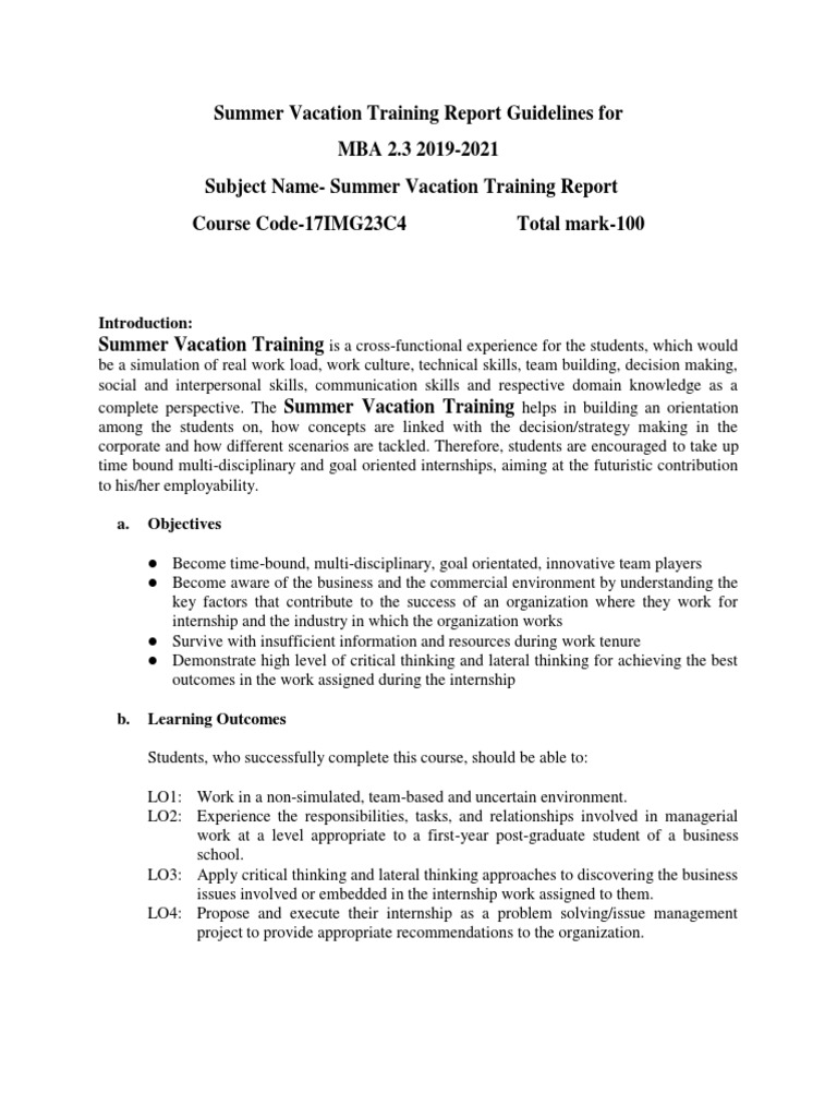 Summer Vacation Training Report Guidelines For MBA 2.3 2019-2021 | PDF ...