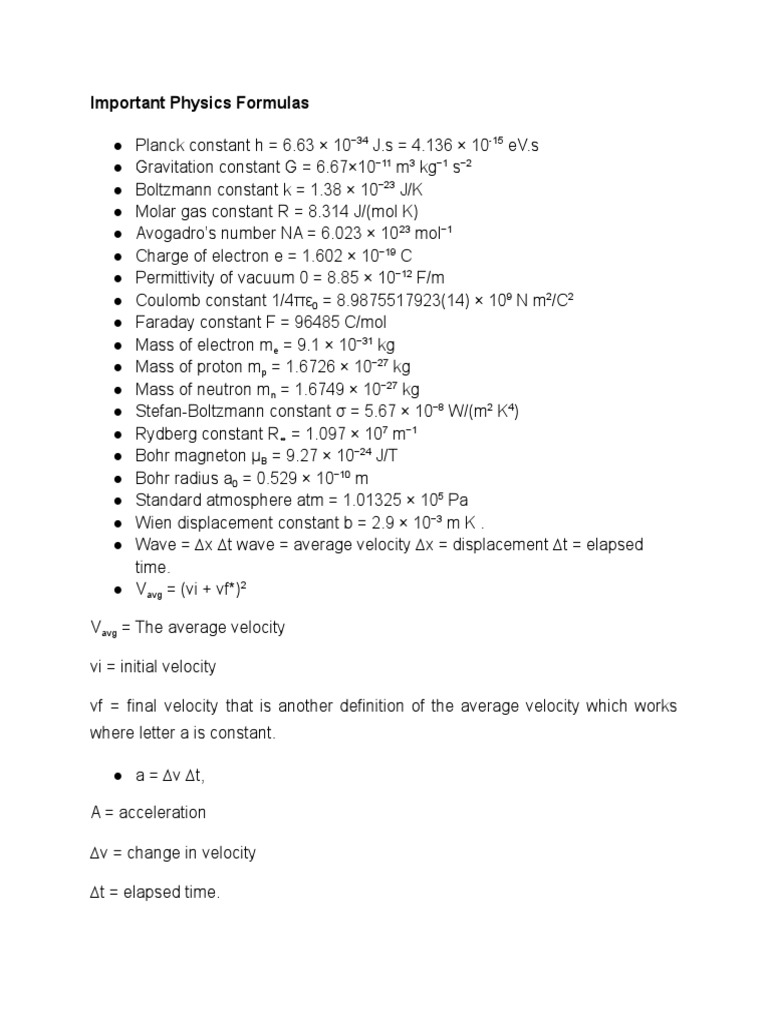 Physics Formulas | PDF | Force | Mass