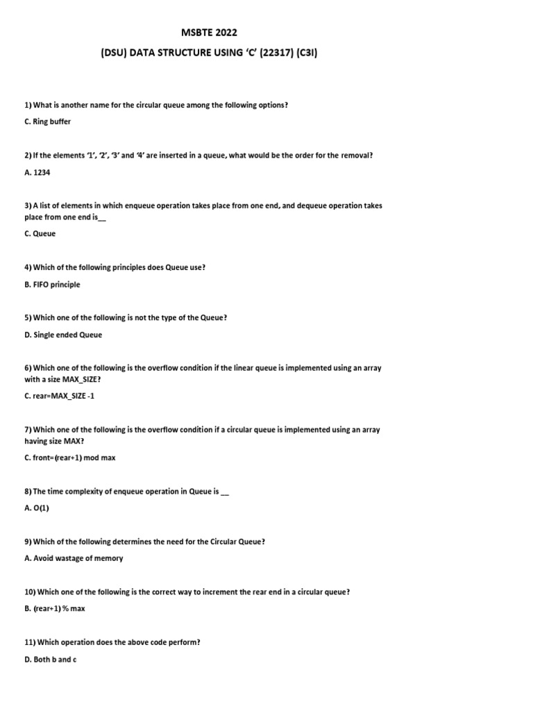 (DSU) Data Structure Using 'C' (22317) | PDF | Queue (Abstract Data ...
