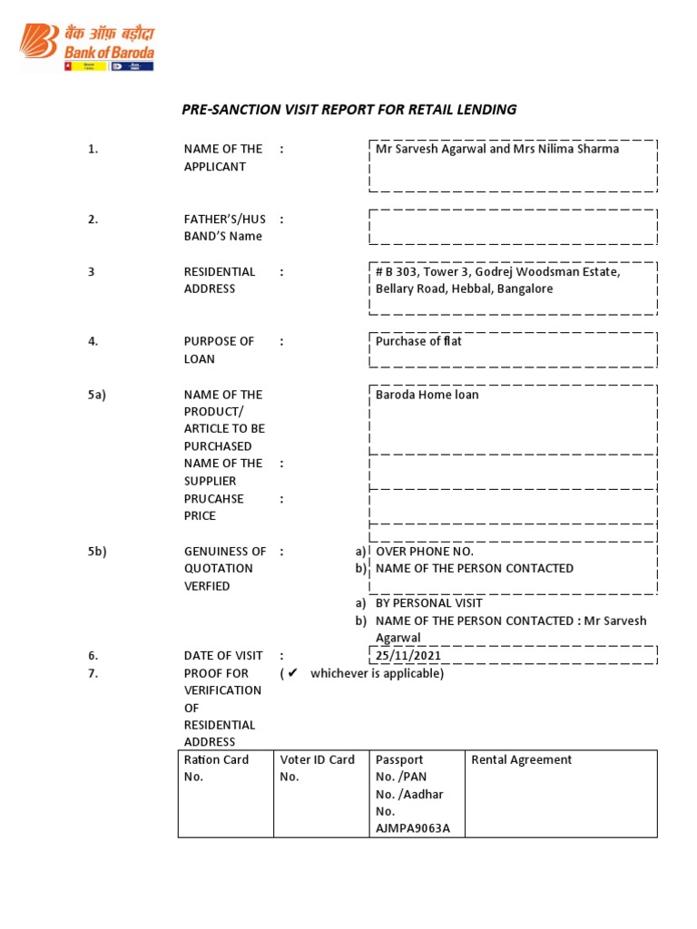 Pre-Sanction Visit Report For Retail Lending | PDF | Banks | Loans