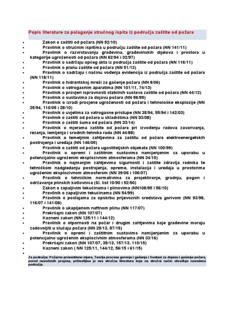 Popis Literature Za Polaganje Stručnog Ispita Iz Područja Zaštite Od Požara | PDF