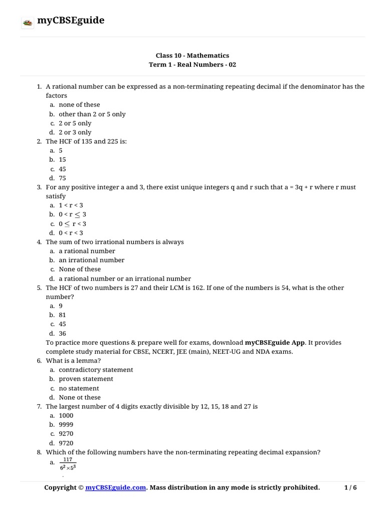 Mycbseguide: Class 10 - Mathematics Term 1 - Real Numbers - 02 | PDF ...