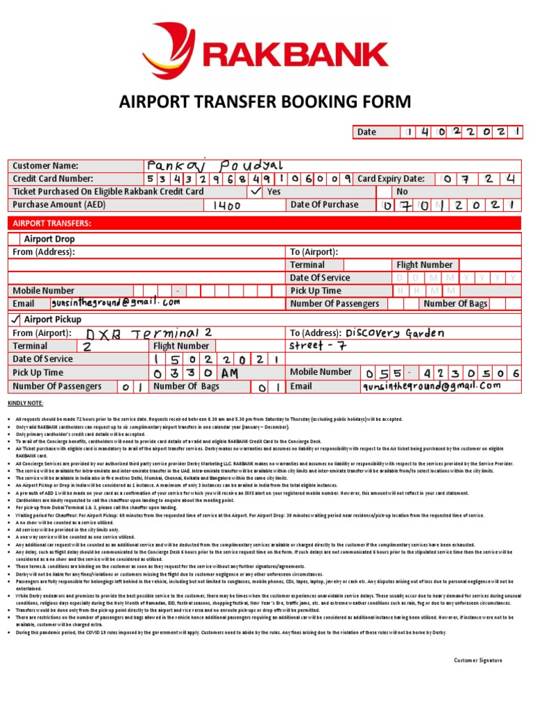 Airport Transfer Booking Form: D D M M Y Y Y Y | PDF | Credit Card
