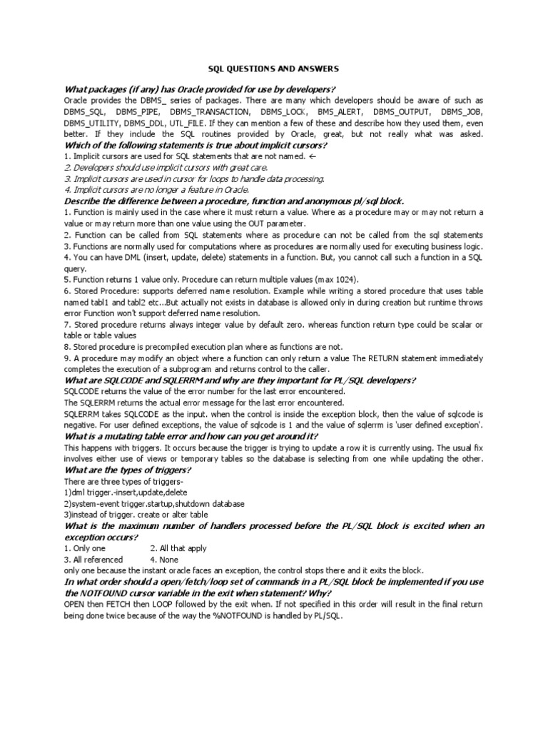 SQL Questions and Answers | PDF | Pl/Sql | Subroutine