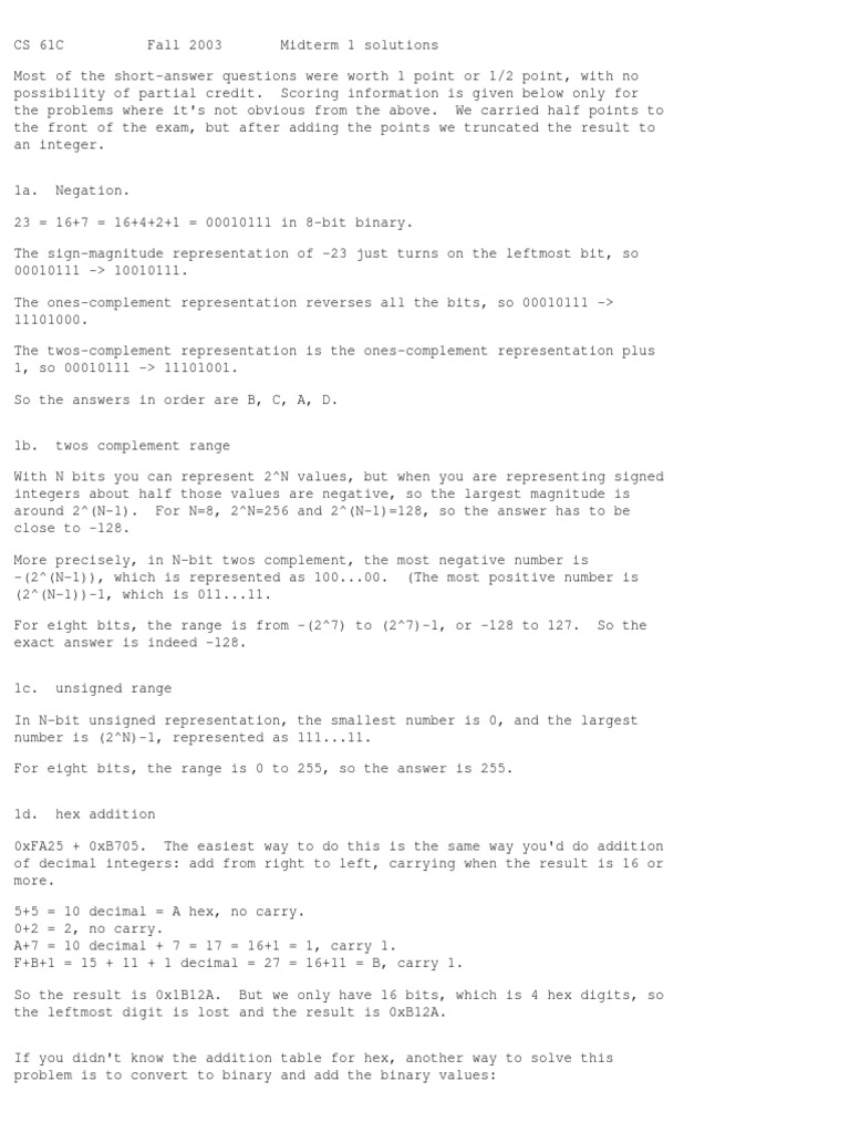 cs61c Fa03 mt1 Sol | PDF | Computer Architecture | Teaching Mathematics