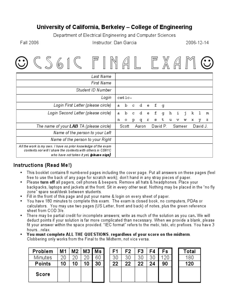 CS61C Final Exam : University of California, Berkeley - College of Engineering | PDF | Cpu Cache ...