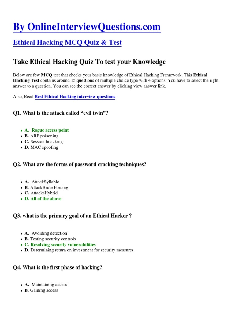Ethical Hacking MCQ | PDF | Security Hacker | Transmission Control Protocol