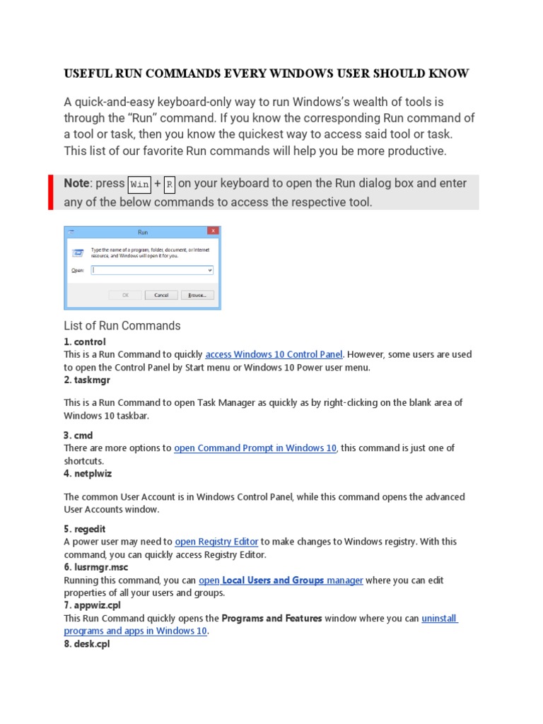 Shortcuts - Run Commands | PDF | Windows 10 | Microsoft Windows